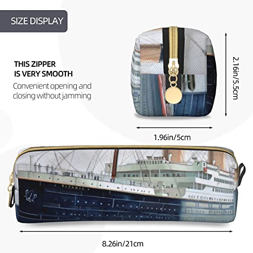 Titanic Leather Pencil Case Bag with Zipper Women Makeup Bag Durable Portable Suitable for School Work and Office 8.3 x 2.2 In