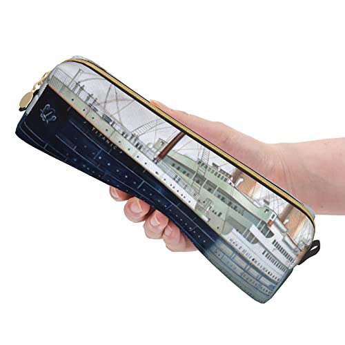 Titanic Leather Pencil Case Bag with Zipper Women Makeup Bag Durable Portable Suitable for School Work and Office 8.3 x 2.2 In