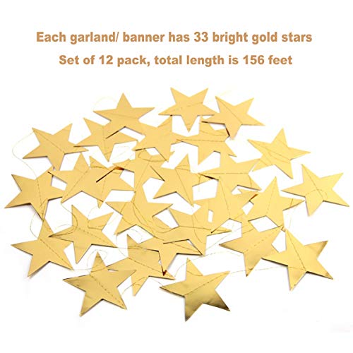 Gold Star Garland Banner Decorations - 156 Feet Bright Gold Paper Garland Hanging Decorations, Glitter Gold Star Bunting Banner for Wedding, Birthday, Holiday, Christmas Party