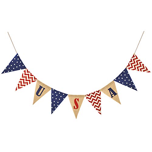 Adurself USA Triangle Flag Burlap Banner 4th of July American Stars and Chevron Triangle Pennant Garland Patriotic Fourth of July Independence Day Decoration Garden Mantel Fireplace Bunting Sign