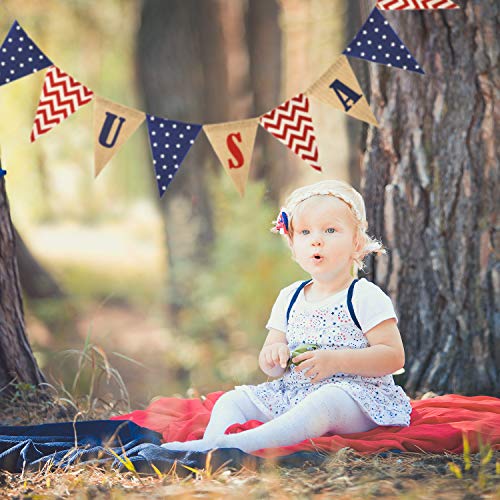 Adurself USA Triangle Flag Burlap Banner 4th of July American Stars and Chevron Triangle Pennant Garland Patriotic Fourth of July Independence Day Decoration Garden Mantel Fireplace Bunting Sign