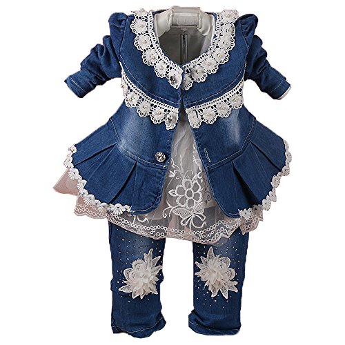 Yao 6M-4Y Infant 3Pcs Baby Girls Clothes Set Toddler Outfits Lace Dress Jacket and Jeans (4-5Y,Flower-White)