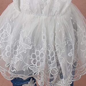 Yao 6M-4Y Infant 3Pcs Baby Girls Clothes Set Toddler Outfits Lace Dress Jacket and Jeans (4-5Y,Flower-White)