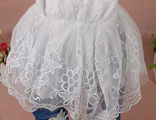 Yao 6M-4Y Infant 3Pcs Baby Girls Clothes Set Toddler Outfits Lace Dress Jacket and Jeans (4-5Y,Flower-White)