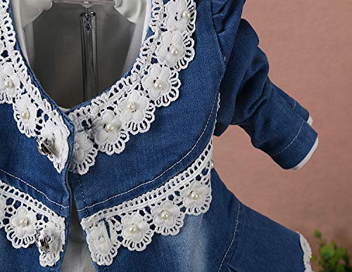 Yao 6M-4Y Infant 3Pcs Baby Girls Clothes Set Toddler Outfits Lace Dress Jacket and Jeans (4-5Y,Flower-White)