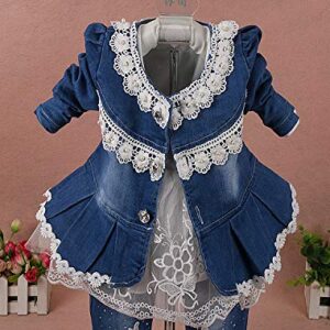 Yao 6M-4Y Infant 3Pcs Baby Girls Clothes Set Toddler Outfits Lace Dress Jacket and Jeans (4-5Y,Flower-White)