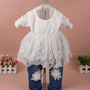 Yao 6M-4Y Infant 3Pcs Baby Girls Clothes Set Toddler Outfits Lace Dress Jacket and Jeans (4-5Y,Flower-White)