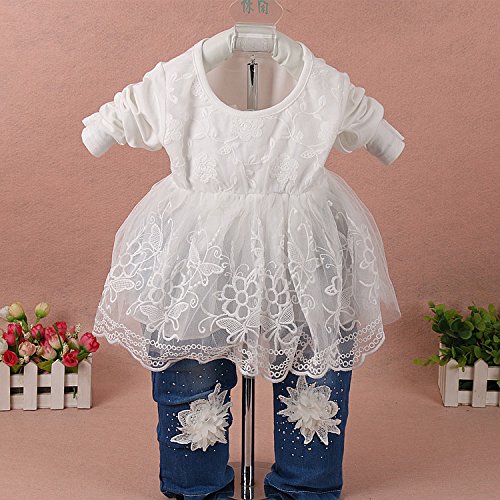 Yao 6M-4Y Infant 3Pcs Baby Girls Clothes Set Toddler Outfits Lace Dress Jacket and Jeans (4-5Y,Flower-White)