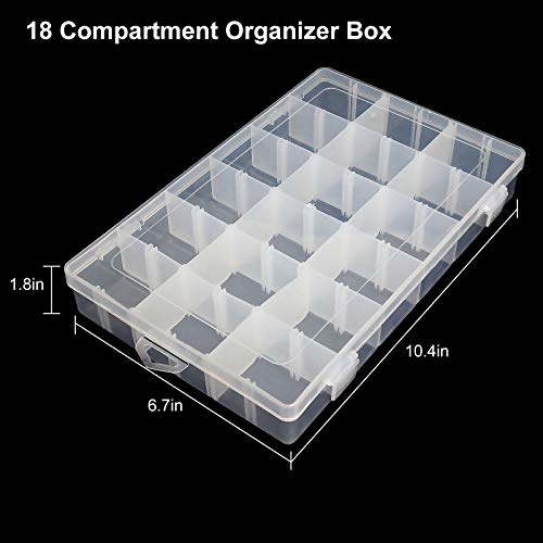 5Pack Plastic Organizer Box with Adjustable Dividers, 18 Compartments Jewelry Storage Container, Organizer Case for Washi Tape Bead Crafts Lego Pieces Letter Board Fishing Tackles Rock Collection