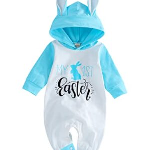 My 1st Easter Outfits Newborn Baby Boy Clothes Long Sleeve Rabbit Printed Rompers Jumpsuits Hoodies (White+Blue, 3-6Months)