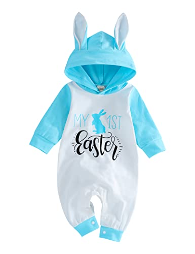 My 1st Easter Outfits Newborn Baby Boy Clothes Long Sleeve Rabbit Printed Rompers Jumpsuits Hoodies (White+Blue, 3-6Months)