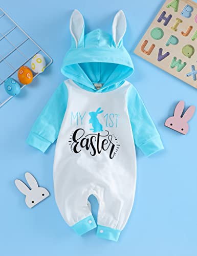 My 1st Easter Outfits Newborn Baby Boy Clothes Long Sleeve Rabbit Printed Rompers Jumpsuits Hoodies (White+Blue, 3-6Months)