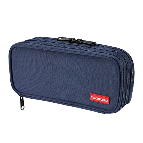 Vivoderoco YKK Zipper Pencil Case - Navy- Stationery Marker Pen Organizer Cases - Portable Desk Office College School Supplies - Kids Teens Boys Girls Adults - 3 Compartments Multifunctional Pouch