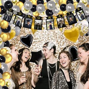 2022 Graduation Party Decorate Supplies, Black Gold Banner Balloon Tassels for Adults Kids High School College Senior Congrats Photo Frame Yard Sign