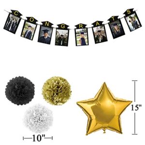 2022 Graduation Party Decorate Supplies, Black Gold Banner Balloon Tassels for Adults Kids High School College Senior Congrats Photo Frame Yard Sign