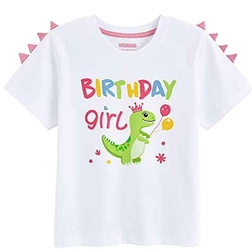 Dinosaur Birthday Girl T-Shirt Dino B-Day Short Sleeve Shirt Gift for Girls Dinosaur Themed Party Top Tee Cotton Printed T Rex Short Sleeve T Shirt Outfits White