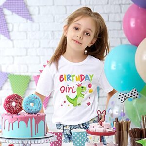 Dinosaur Birthday Girl T-Shirt Dino B-Day Short Sleeve Shirt Gift for Girls Dinosaur Themed Party Top Tee Cotton Printed T Rex Short Sleeve T Shirt Outfits White