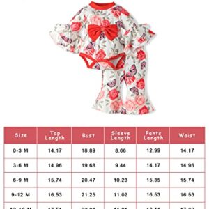 Newborn Baby Girl Clothes Infant Outfits Ruffle Sleeve Floral Romper Flare Pants Set Fall Winter Clothes 6-9 Months Red