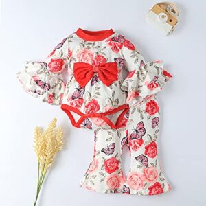 Newborn Baby Girl Clothes Infant Outfits Ruffle Sleeve Floral Romper Flare Pants Set Fall Winter Clothes 6-9 Months Red