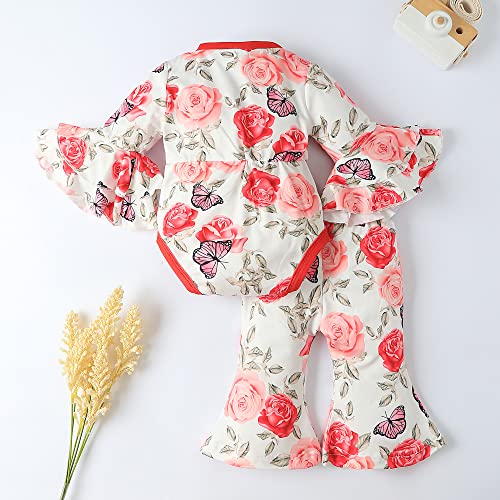 Newborn Baby Girl Clothes Infant Outfits Ruffle Sleeve Floral Romper Flare Pants Set Fall Winter Clothes 6-9 Months Red