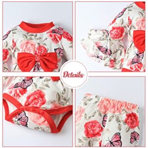 Newborn Baby Girl Clothes Infant Outfits Ruffle Sleeve Floral Romper Flare Pants Set Fall Winter Clothes 6-9 Months Red