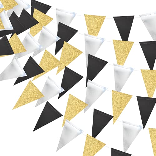 Triangle Flag Bunting Banner, MerryNine 3 Pack 30 Feet Vintage Style Pennant Banner for Wedding, Baby Shower, Event & Party Supplies 78pcs Flags (Triangle Flag - Black Silver Gold Glitter)