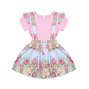 toddler kids baby girls easter outfits ruffle short sleeve t-shirt top + bunny print suspender strap skirt outfit overall skirt set (pink, 12-18 months)