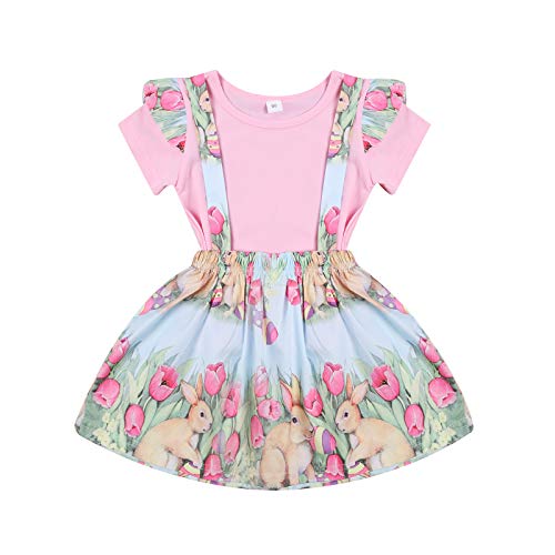 Toddler Kids Baby Girls Easter Outfits Ruffle Short Sleeve T-Shirt Top + Bunny Print Suspender Strap Skirt Outfit Overall Skirt Set (Pink, 12-18 Months)