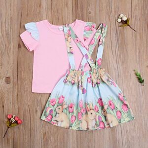 Toddler Kids Baby Girls Easter Outfits Ruffle Short Sleeve T-Shirt Top + Bunny Print Suspender Strap Skirt Outfit Overall Skirt Set (Pink, 12-18 Months)