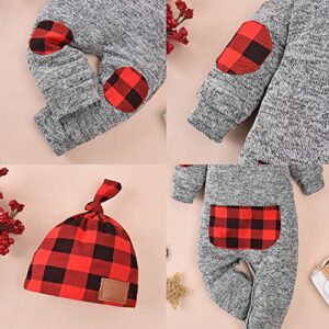 Newborn Baby Boys Girls Buffalo Plaid Christmas Outfits Romper Infant One Piece Christmas Clothes Jumpsuit with Hat Grey