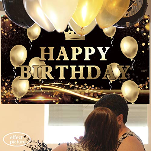 Ushinemi Happy Birthday Backdrop Banner with Gold Balloons Sign for Party Decorations, Large Birthday Party Decorations Photo Background, Black and Gold, 6 x 3.6 Feet