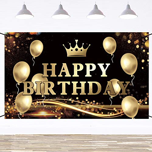 Ushinemi Happy Birthday Backdrop Banner with Gold Balloons Sign for Party Decorations, Large Birthday Party Decorations Photo Background, Black and Gold, 6 x 3.6 Feet