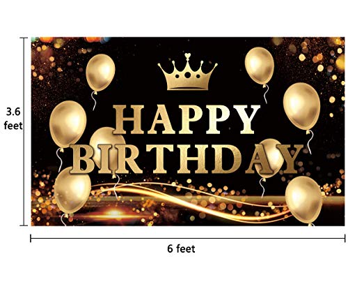 Ushinemi Happy Birthday Backdrop Banner with Gold Balloons Sign for Party Decorations, Large Birthday Party Decorations Photo Background, Black and Gold, 6 x 3.6 Feet