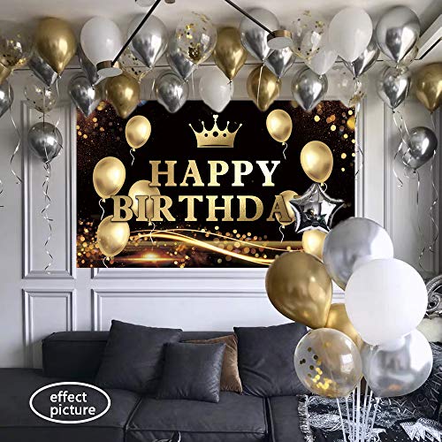 Ushinemi Happy Birthday Backdrop Banner with Gold Balloons Sign for Party Decorations, Large Birthday Party Decorations Photo Background, Black and Gold, 6 x 3.6 Feet