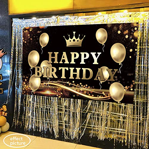 Ushinemi Happy Birthday Backdrop Banner with Gold Balloons Sign for Party Decorations, Large Birthday Party Decorations Photo Background, Black and Gold, 6 x 3.6 Feet