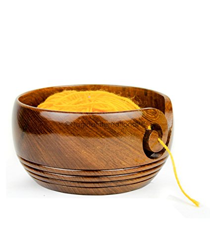 Solid Teak Wood Crafted Wooden Yarn Ball Storage Bowl with Spiral Yarn Dispenser & Decorative Rings | Knitting Crochet Accessories | Nagina International (Rosewood, Small)