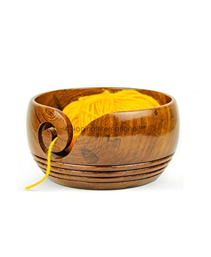 Solid Teak Wood Crafted Wooden Yarn Ball Storage Bowl with Spiral Yarn Dispenser & Decorative Rings | Knitting Crochet Accessories | Nagina International (Rosewood, Small)