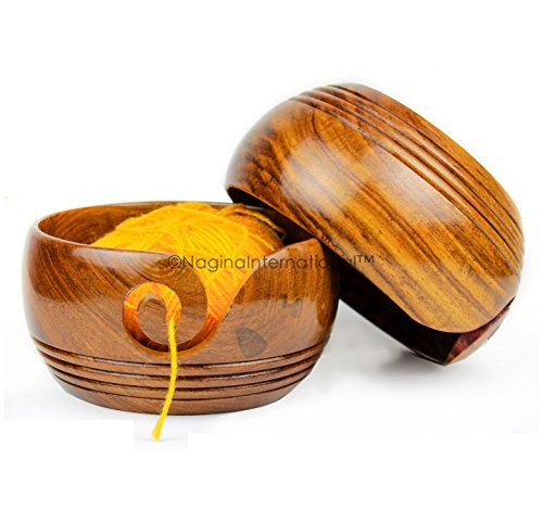 Solid Teak Wood Crafted Wooden Yarn Ball Storage Bowl with Spiral Yarn Dispenser & Decorative Rings | Knitting Crochet Accessories | Nagina International (Rosewood, Small)