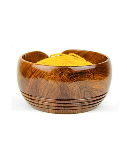 Solid Teak Wood Crafted Wooden Yarn Ball Storage Bowl with Spiral Yarn Dispenser & Decorative Rings | Knitting Crochet Accessories | Nagina International (Rosewood, Small)