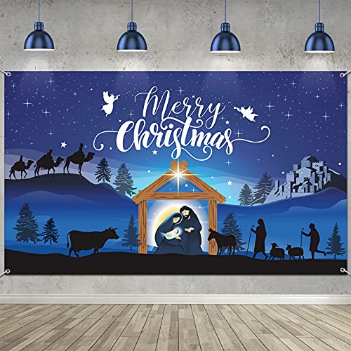 Nativity Banner Merry Christmas Nativity Barn Birth of Jesus Nativity Backdrop Scene Blue Large Holy Nativity Backdrop Religious Xmas Photography Booth Prop Banner for Christmas Party 72.8 x 43.3 Inch