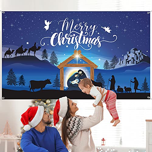 Nativity Banner Merry Christmas Nativity Barn Birth of Jesus Nativity Backdrop Scene Blue Large Holy Nativity Backdrop Religious Xmas Photography Booth Prop Banner for Christmas Party 72.8 x 43.3 Inch