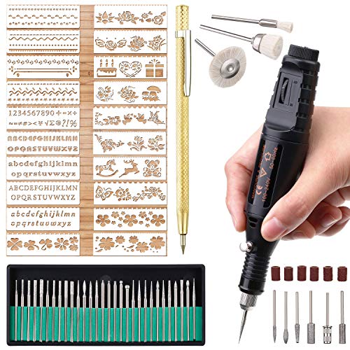 Electric Micro Engraver Pen Mini DIY Engraving Tool Kit for Metal Glass Ceramic Plastic Wood Jewelry 1 Scriber Etcher 30 Bits 6 Polishing Head 3 Wool Cleaner Bits 20 Stencils and Operating Instruction