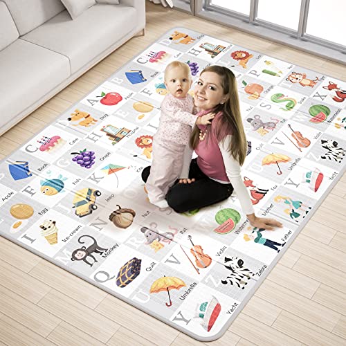 Pufeng Baby Play Mat 79" X 59", Reversible Foldable Baby Playmat, Waterproof Anti-Slip Foam Floor Playmat Non-Toxic Portable Baby Crawling Mat for Infants, Toddler, Kids, Indoor Outdoor Use