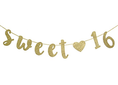 Sweet 16 Birthday Banner Glitter Sixteen Decoration 16th Birthday Pre-Strung Party Decor Supplies Cursive Bunting Photo Booth Props Sign Gold