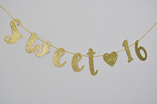 Sweet 16 Birthday Banner Glitter Sixteen Decoration 16th Birthday Pre-Strung Party Decor Supplies Cursive Bunting Photo Booth Props Sign Gold