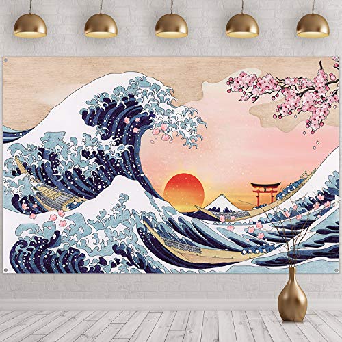 Great Wave Wall Hanging Ocean Wave Photo Banner Japanese Kanagawa Backdrop Sunset Cherry Blossom Art Nature Background for Japanese Party Wall Home Decorations, 72.8 x 43.3 Inch