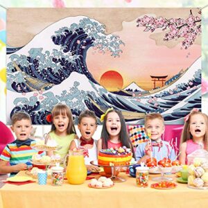 Great Wave Wall Hanging Ocean Wave Photo Banner Japanese Kanagawa Backdrop Sunset Cherry Blossom Art Nature Background for Japanese Party Wall Home Decorations, 72.8 x 43.3 Inch