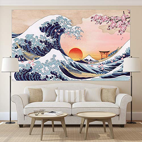 Great Wave Wall Hanging Ocean Wave Photo Banner Japanese Kanagawa Backdrop Sunset Cherry Blossom Art Nature Background for Japanese Party Wall Home Decorations, 72.8 x 43.3 Inch