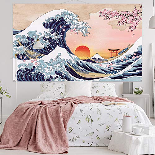 Great Wave Wall Hanging Ocean Wave Photo Banner Japanese Kanagawa Backdrop Sunset Cherry Blossom Art Nature Background for Japanese Party Wall Home Decorations, 72.8 x 43.3 Inch