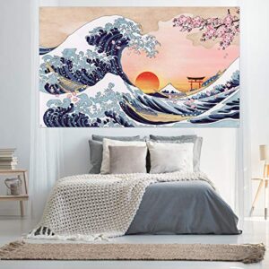 Great Wave Wall Hanging Ocean Wave Photo Banner Japanese Kanagawa Backdrop Sunset Cherry Blossom Art Nature Background for Japanese Party Wall Home Decorations, 72.8 x 43.3 Inch